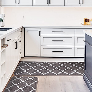 Dephora Kitchen Rugs and Mats Washable 2 Pieces Moroccan Rug Set Water Absorb Microfiber Non-Slip Rug Set for Kitchen Floor Front of Sink, Hallway, Laundry Room 17"x48"+17"x24", Grey