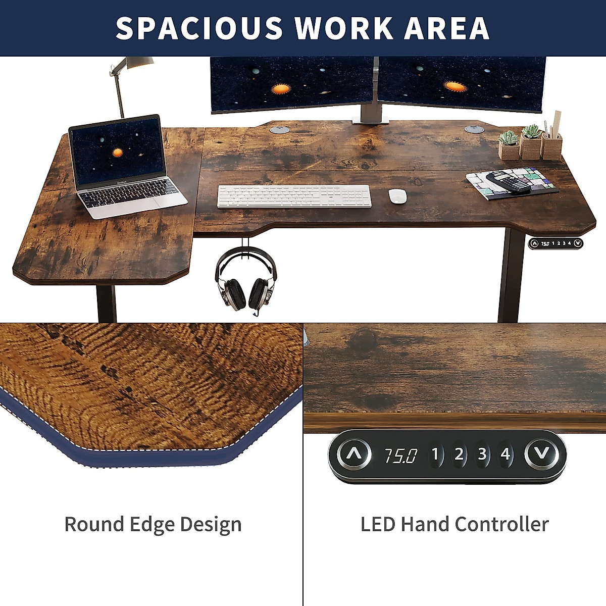 59'' L Shaped Electric Height Adjustable Standing Desk, Sit to Stand Home Office Computer Desk with Black Frame & Rustic Brown Top