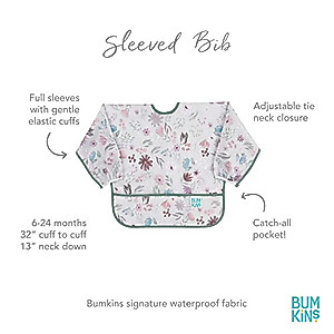 Bumkins Bibs for Girl or Boy, Long Sleeved Bib for Baby and Toddler 6-24 Months, Essential Must Have for Eating, Feeding Set, Splat Mat for Floors Under High Chair, Mess Saving Fabric, Floral Gray