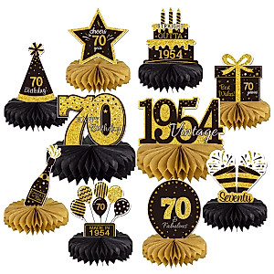 10PCS 70th Birthday Decorations Centerpieces for Table Decorations, 2024 Vintage 1954 Honeycomb Table Topper Back in 1954 Birthday Party Decoration for Men and Women (Gold & Black, 70 Years)