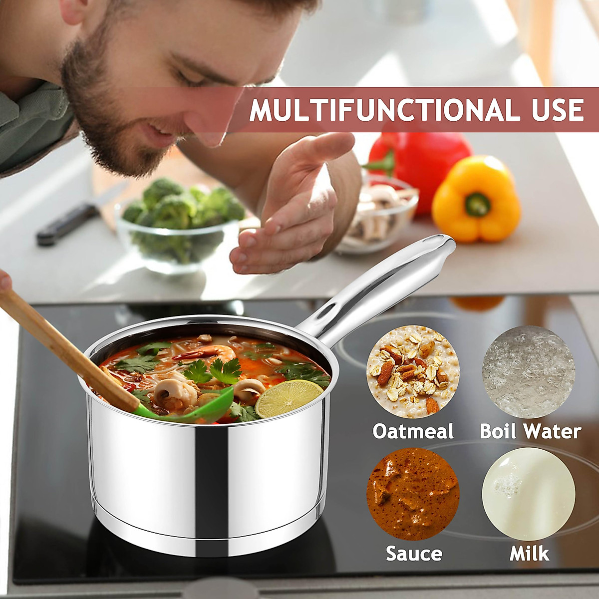 E-far Stainless Steel Saucepan with Lid, 1 Quart Small Sauce Pan Induction Pot for Cooking, Boiling, Compatible with All Stoves, Healthy & Non Toxic, Oven & Dishwasher Safe