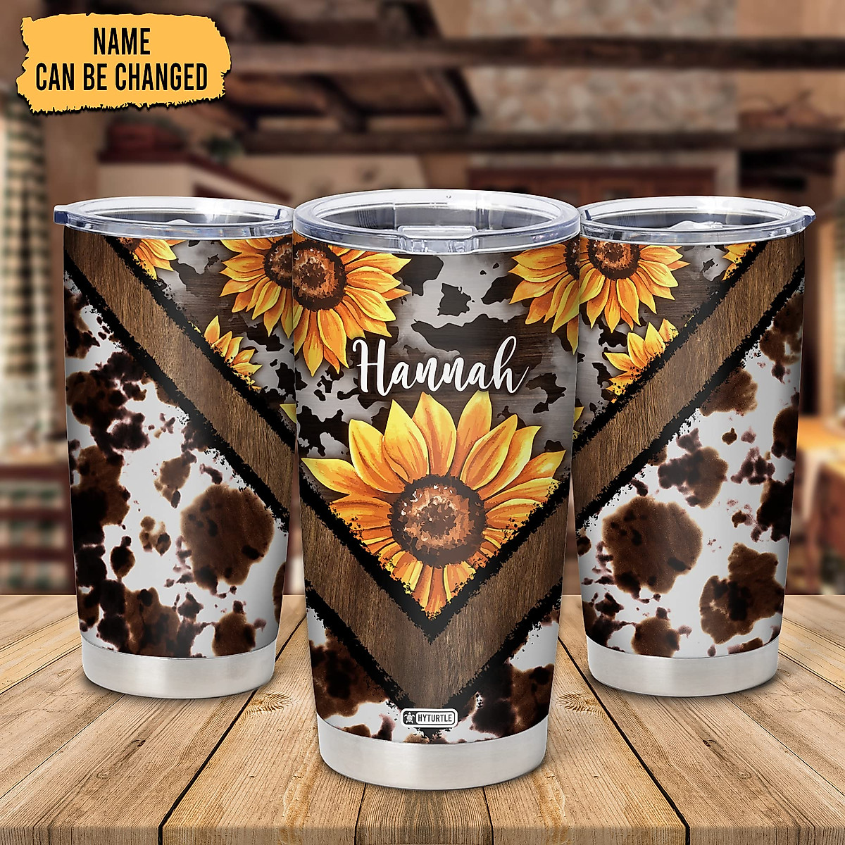 Hyturtle Personalized Sunflower Milk Cow Print 20oz Tumbler With Lid Valentines Day Birthday Cups Gifts For Her Girl Mothers - Rustic Cowhide Cow Print Themed Custom Name 20oz Stainless Steel Tumbler
