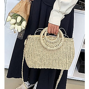 Handmade Woven Straw Handbag Women Summer Trendy Beach Travel Tote Bag Purse