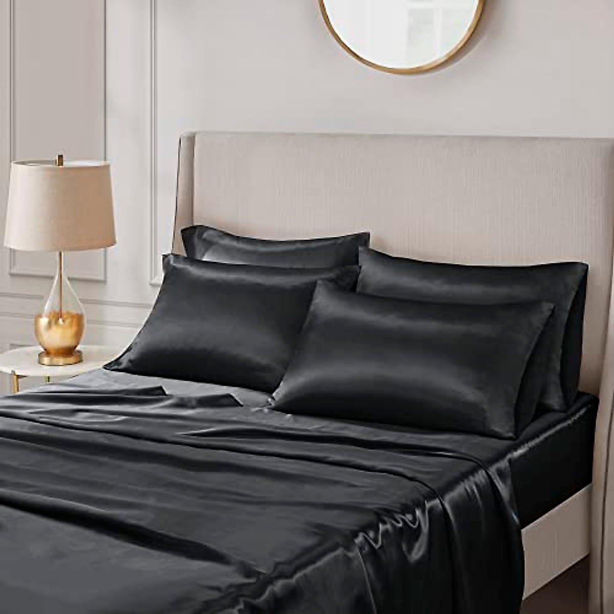 Madison Park - SHET20-173 Satin Wrinkle-Free Luxurious and Silky with 16" Deep Pocket 6 Piece Durable Sheet Set, Queen, Black