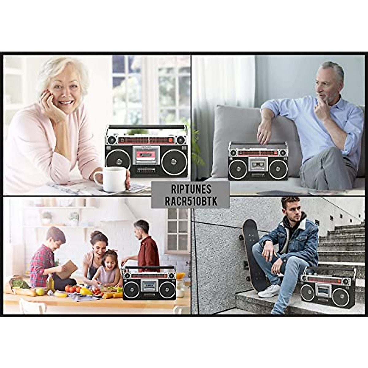 Riptunes Boombox Radio Cassette Player Recorder, AM/FM -SW1/SW2 Radio, Wireless Streaming, USB/Micro SD Slots, Aux in, Headphone Jack, Convert Cassettes to USB/SD, Classic 80s Style Retro, Black