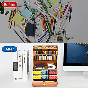 Marbrasse Wooden Pen Organizer, Multi-Functional DIY Pen Holder Box, Desktop Stationary, Easy Assembly, Home Office Art Supplies Organizer Storage with Drawer (B16-Cherry Color)