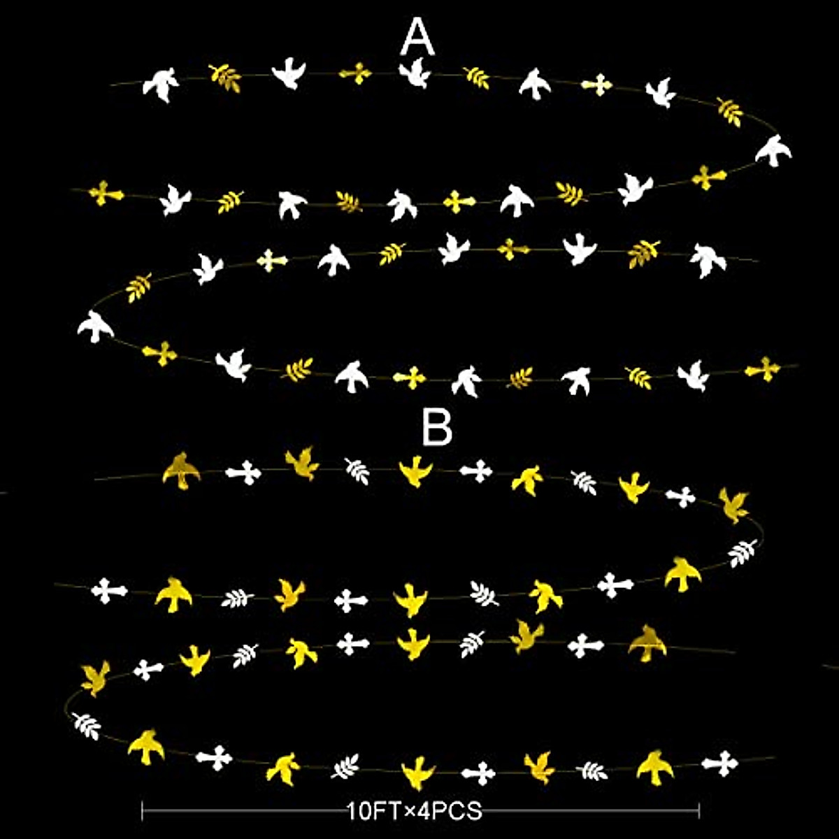 40Ft Gold and White Peace Doves Olive Leaf Cross Paper Garland Streamer for Spring Wedding Bridal Baby Shower Birthday Engagement First Holy Communion Religious Christian Baptism Tea Party Decorations