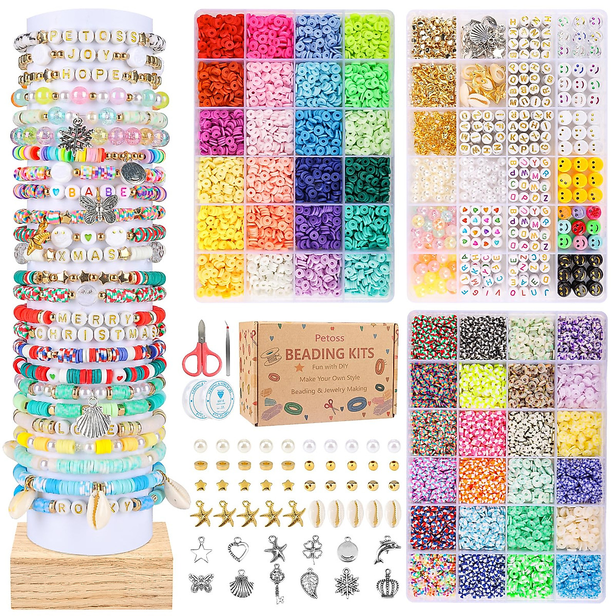 Petoss 10800pcs Clay Beads for Bracelets Making Kit,48 Colors Polymer Clay Beads Kit for Jewelry Making for Girls,6mm Heishi Beads with 416 Letters Beads 120 Smiley Beads with Gift Pack