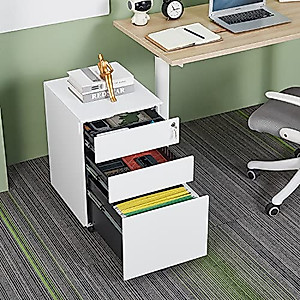 Modern Office File Cabinet 3 Drawer File Cabinet Metal Filing Cabinet on Anti-tilt Wheels Mobile Lateral Printer Stand Office File Cabinets for Home Office Organization and Storage (White)