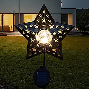 Solar Lights Garden Outdoor Large Star Solar Light Crackle Glass Globe Metal Decoration Solar Stakes Lights IP65 Waterproof Led Llight for Pathway, Yard, Patio, Lawn, Driveway, Landscape (1 Pack)