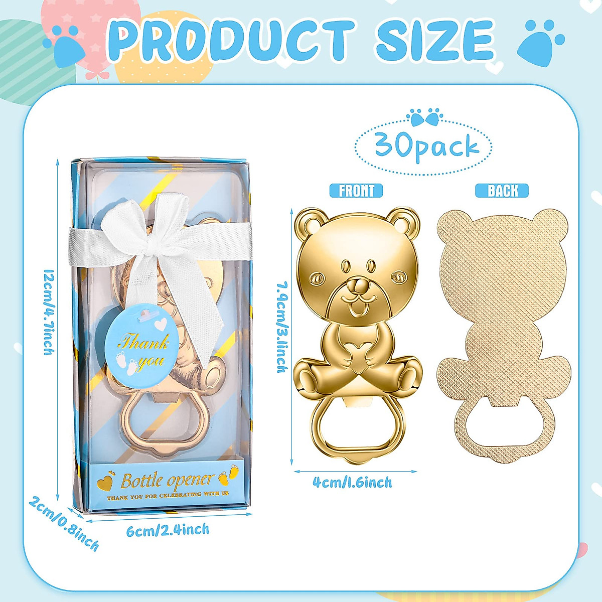30 Packs Bear Bottle Opener Bear Baby Shower Favors Bear Shaped Baby Shower Bottle Opener Favors Metal Beer Bottle Opener with Packaging Box for Guest Souvenir Birthday Gifts Decoration (Blue Box)