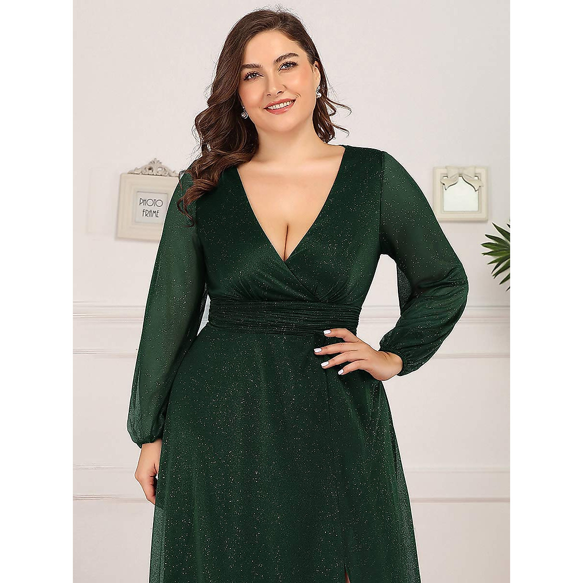Ever-Pretty Women's Glitter A Line High Slit V-Neck Plus Size Formal Gowns and Evening Dresses Dark Green US18
