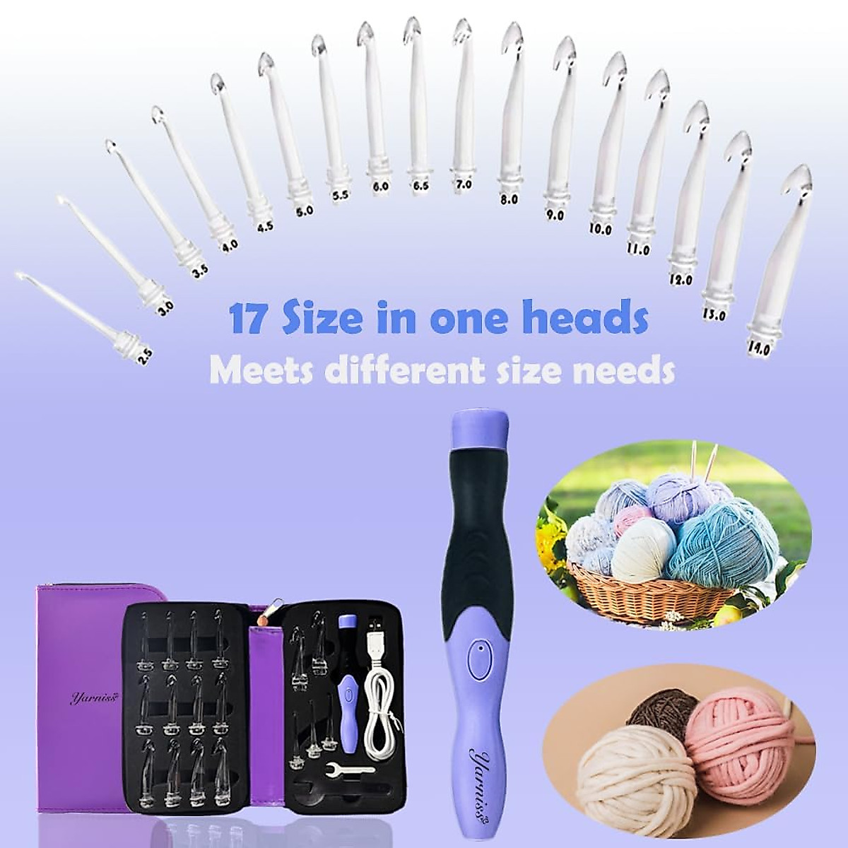 Yarniss 17 Sizes Lighted Crochet Hooks Set 2.5mm~14.0mm, Rechargeable Crochet Hook with Interchangeable Crochet Head