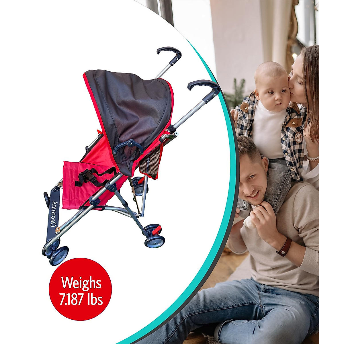 AmorosO Single Umbrella Stroller for Toddler, Travel Stroller for Babies - Sunlight and Light Rain Protection - Baby Stroller with Four EVA Wheels - Travel-Ready Stroller - Round Canopy (Red/Black)