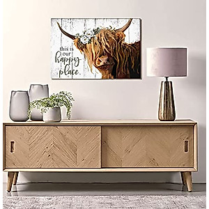 Highland Cow Wall Art - This Is Our Happy Place Inspirational Canvas Poster for Home - Long Haired Scottish Cow with White Flower Picture Farmhouse Kitchen Decor Framed (10"x15")