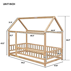 Montessori Floor Bed with House Roof and Safety Guardrails, Twin Size Solid Pine Wood Floor Bed Frame, Full Length Rails Fence for Girls, Boys, Child Bedroom, Kids Playroom (Natural)