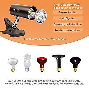1-Pack Black Dimmable Adjustable Reptile Clamp Heat Lamp Fixture Holder with 3-Pack 30W Sun Basking Spot Lamp, Flexible Clamp Lamp Stand with Clip for Aquarium, Reptiles,Lizard, Turtle, Snake