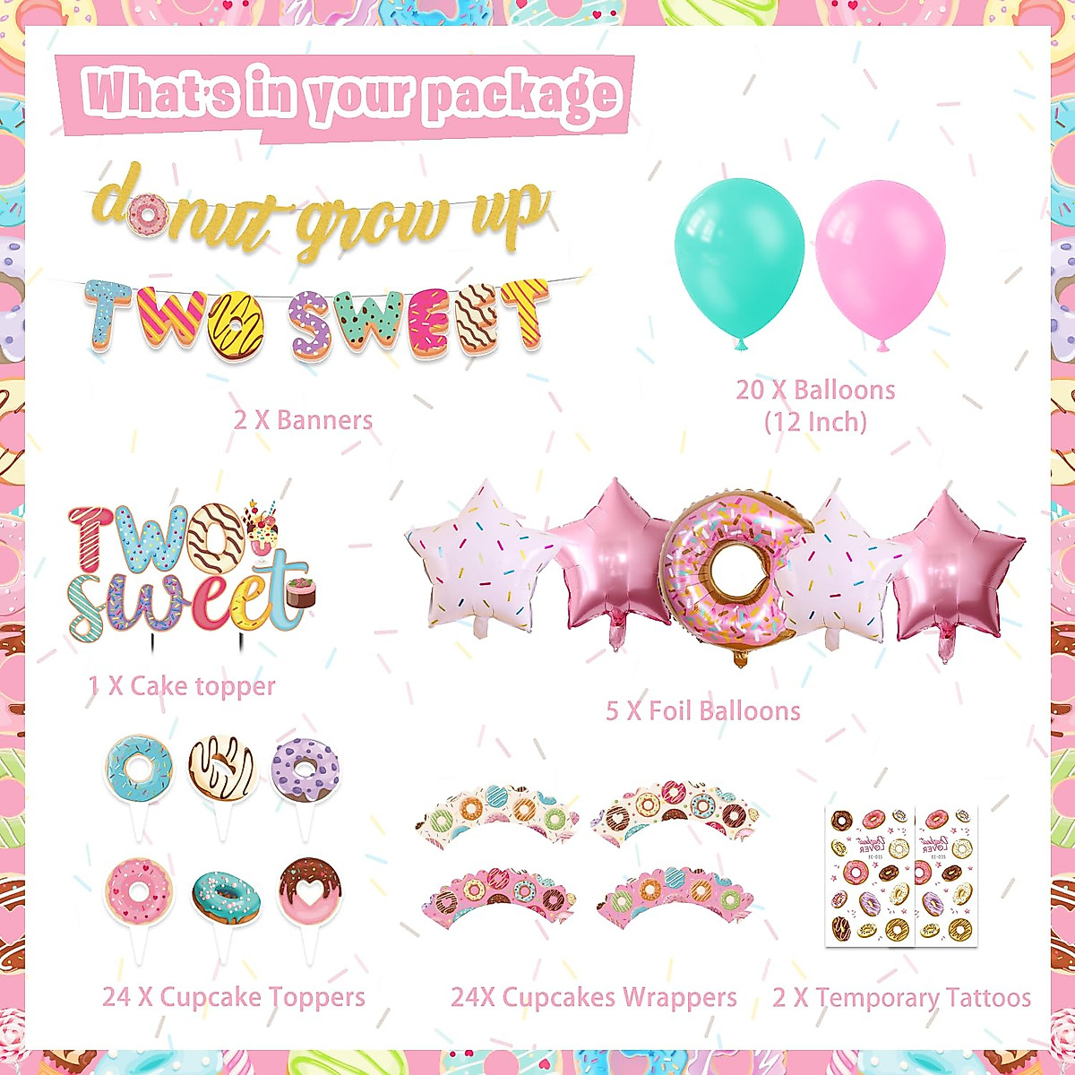 Two Sweet Birthday Party Supplies for 2 Year Old Girl, 150 Pcs Donut Party Decorations for Girls Baby - Backdrop, Banner, Cake, Cupcake Toppers, Cupcakes Wrappers, Balloons, Tablecloth