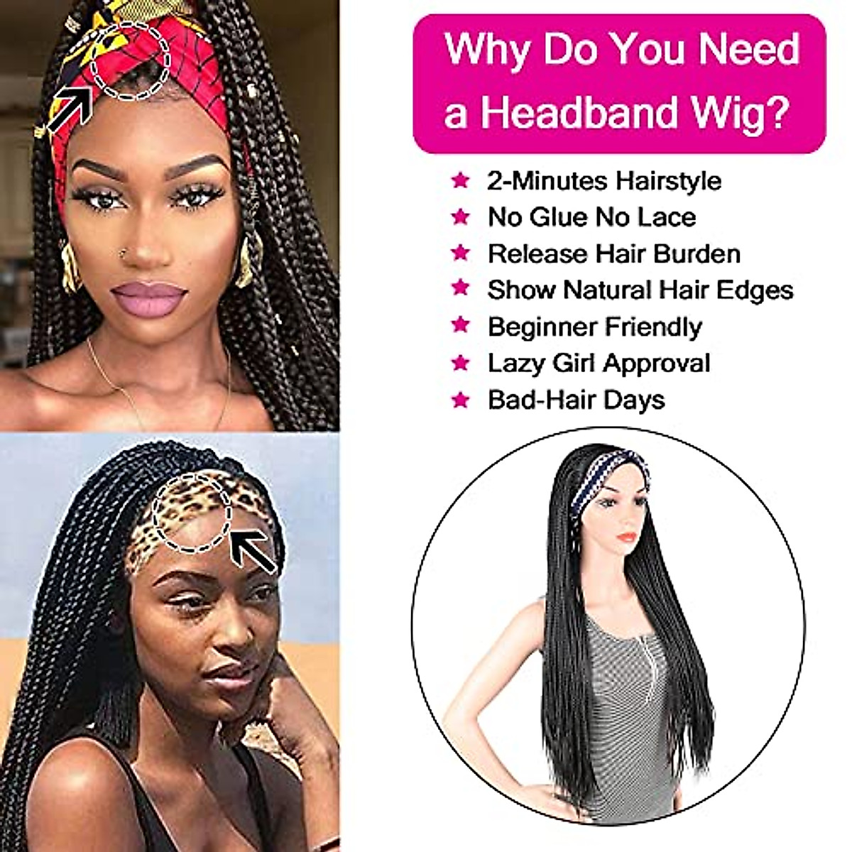 Braided Wigs with Headband Attached for Black Women Twist Crochet Hair Wrap Jumbo Synthetic Cornrow Black Box Braid Long CrochetTwistWig 30Inch