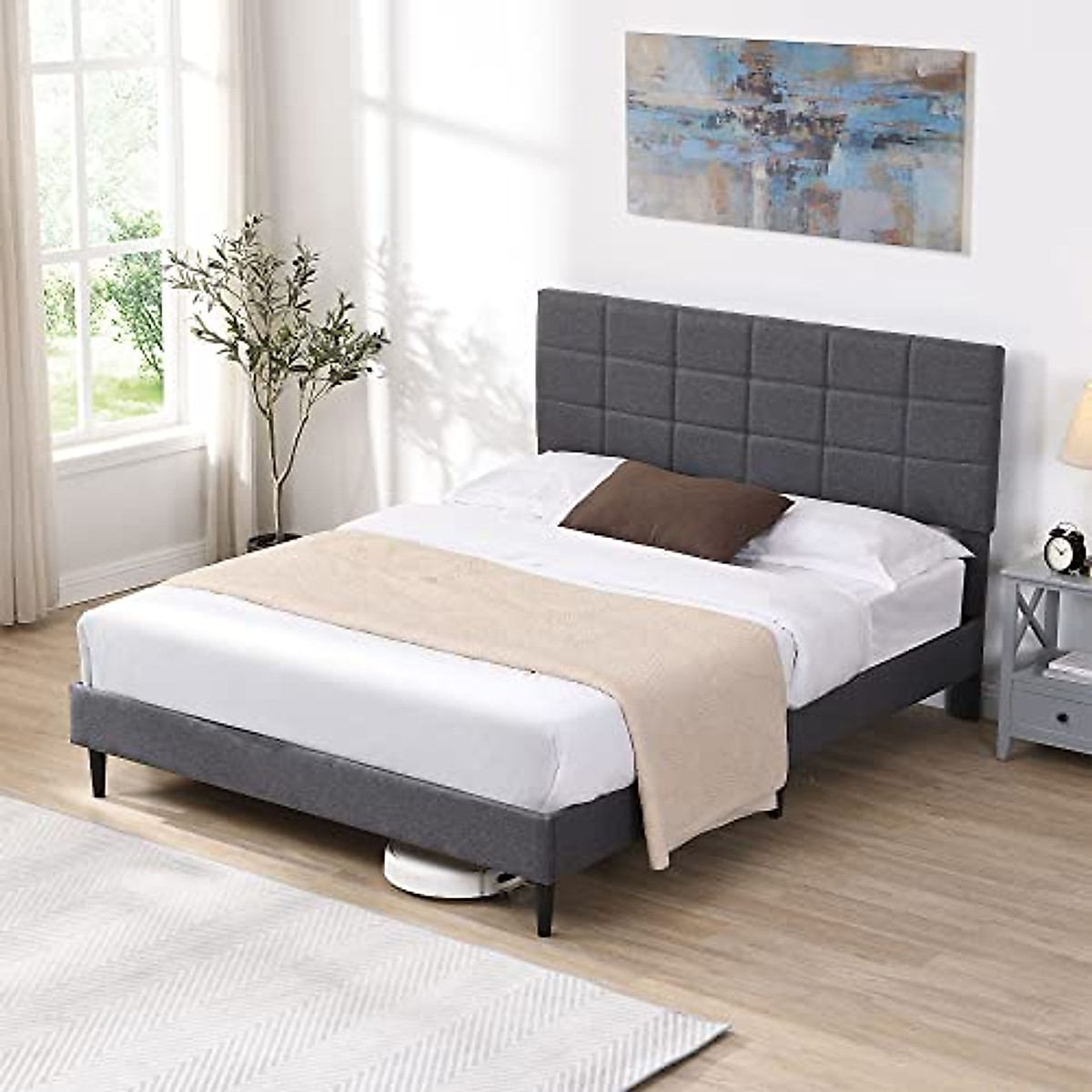 Queen Size Platform Bed Frame with Fabric Upholstered Headboard and Wooden Slats Support, Fully Upholstered Mattress Foundation/No Box Spring Needed/Easy Assembly (Grey, Queen)