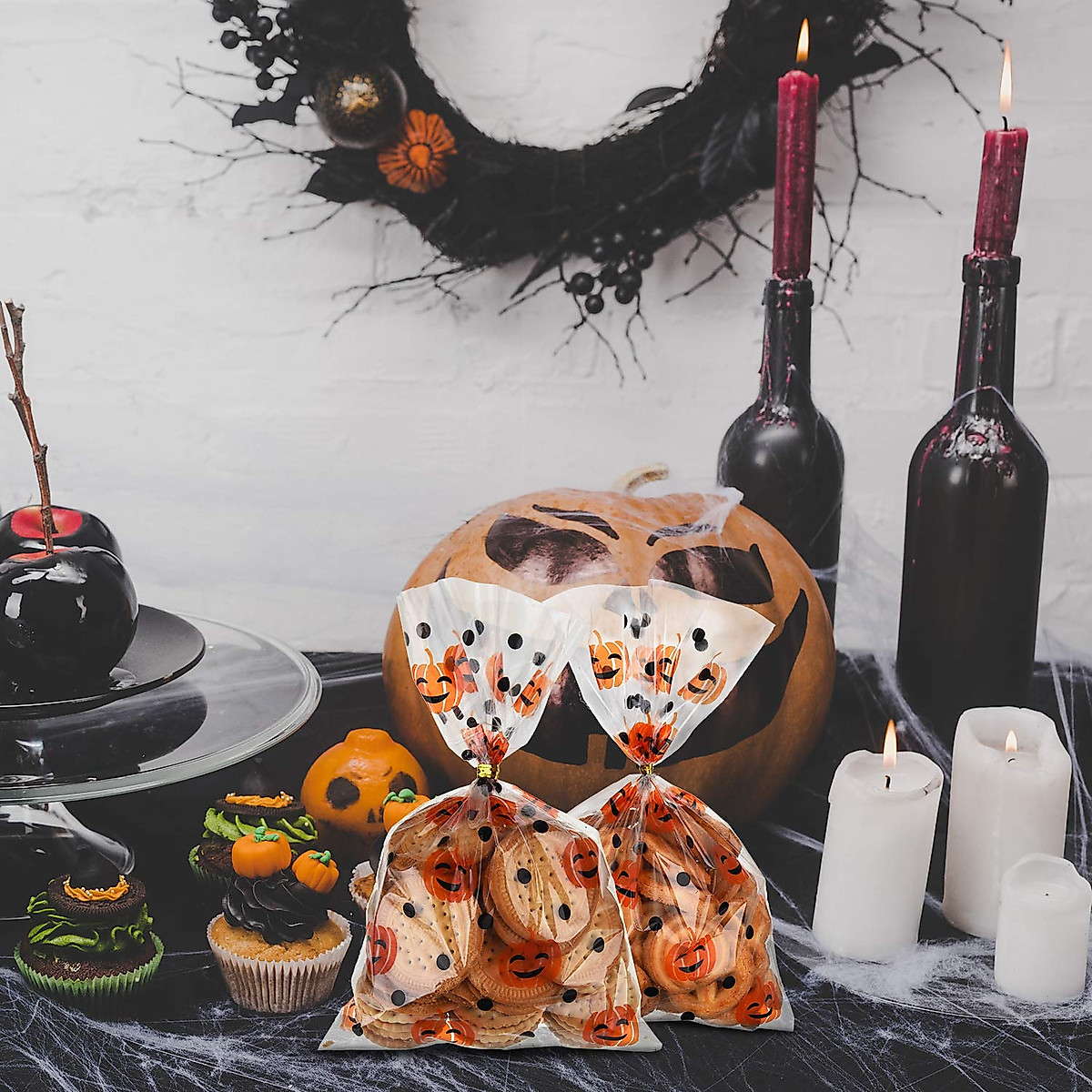 Halloween Pumpkin Print Cone Cellophane Bags Heat Sealable Halloween Treat Candy Bags Gift Bags and Golden Twist Ties for Halloween Treat Party Favor (100 Sets)