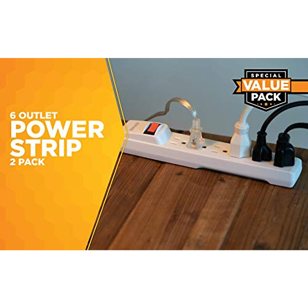Woods 41435 Power Strip with 6 Outlets, 2.5’ Cord and Durable White Housing, 2 pack, 2-Pack