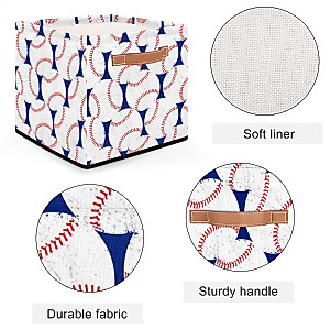 KOBLEN Sports Baseball Ball Square Storage Basket Collapsible Storage Box Clothes Basket 13x13 Inch Large Cube Storage Bin With PU Leather Handle for Home Office Closet Shelves
