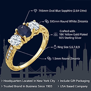 Gem Stone King 18K Yellow Gold Plated Silver Blue Sapphire Engagement Ring | 3-Stone Ring For Women | 2.64 Cttw | Oval 7X5MM | Available In Size 5, 6, 7, 8, 9