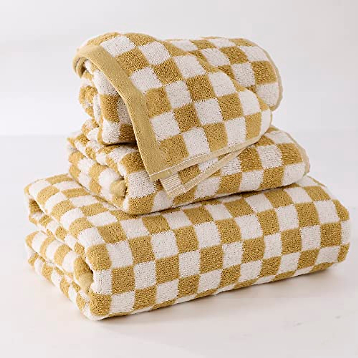 IDORESPELL Luxury Bath Towel Sets Yellow White Checkered Large Ultra Soft 100% Cotton Classic Checkerboard 1 Bath Towels Sheets 2 Hand Towels Highly Absorbent for Adults Girl Face Body (Yellow)