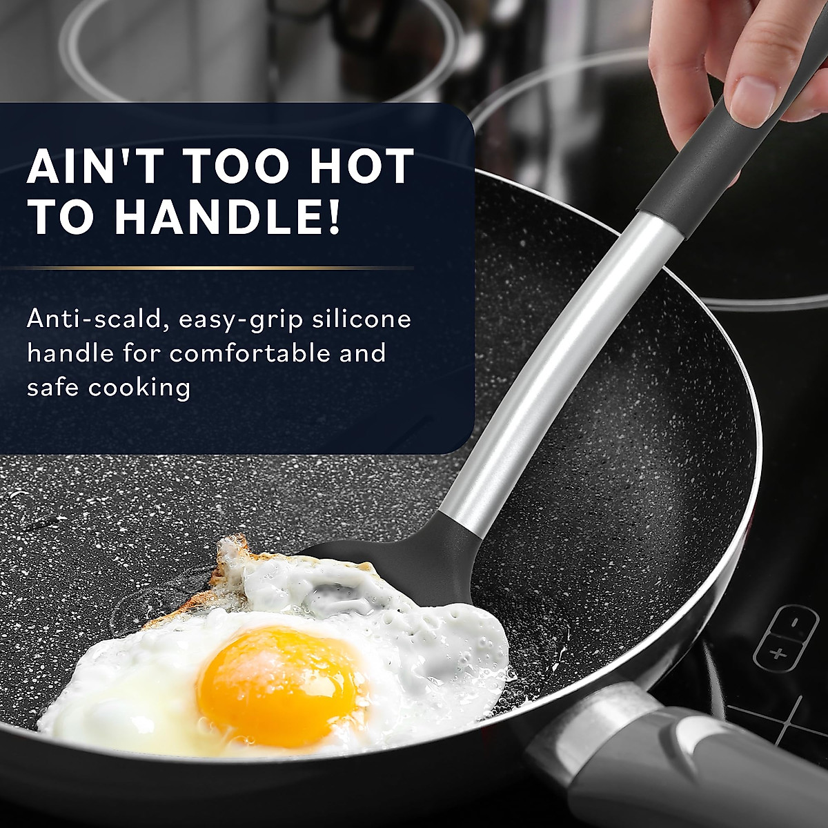 Home Hero Silicone Spatula Set with Ergonomic Handles - Stainless Steel High Heat Resistant Solid & Slotted Turner, BPA Free Non Stick Kitchen Utensils Set - Rubber Spatula for Eggs (Black)