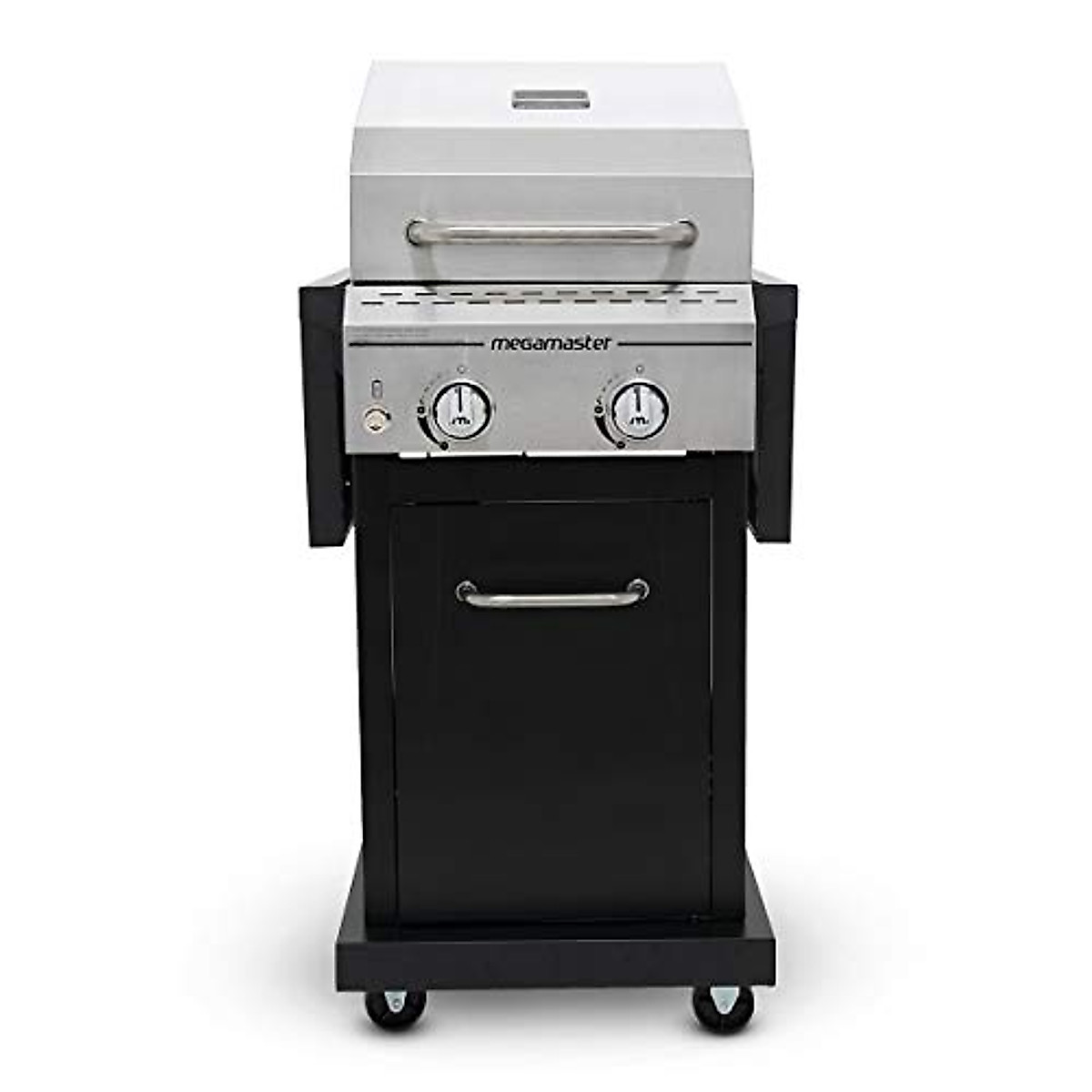 Megamaster 720-0864MA 2 Burner Propane Barbecue Gas Grill, for Camping, Outdoor Cooking, Patio, Garden Barbecue Grill, 28000 BTUs, with Foldable Side Table, Silver and Black