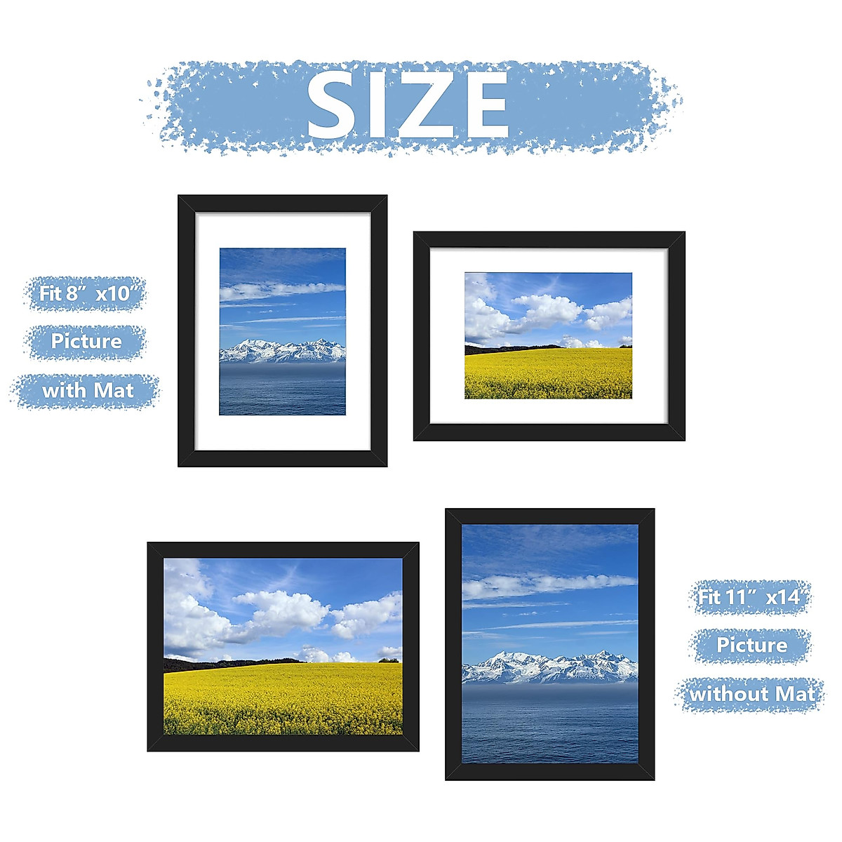 Picrit 11x14 Picture Frame Set of 7, Display 8 x 10 with Mat or 11 x 14 Without Mat, Photo Frames for Wall Mounting or Table Top Display, Black.