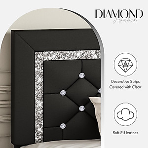 HOMBCK Queen Bed Frame, Upholstered Bed Frame Queen Size with Diamond Tufted Headboard, Faux Leather Headboard & Footboard, Wooden Slats Support, No Box Spring Needed, Easy Assembly, Black