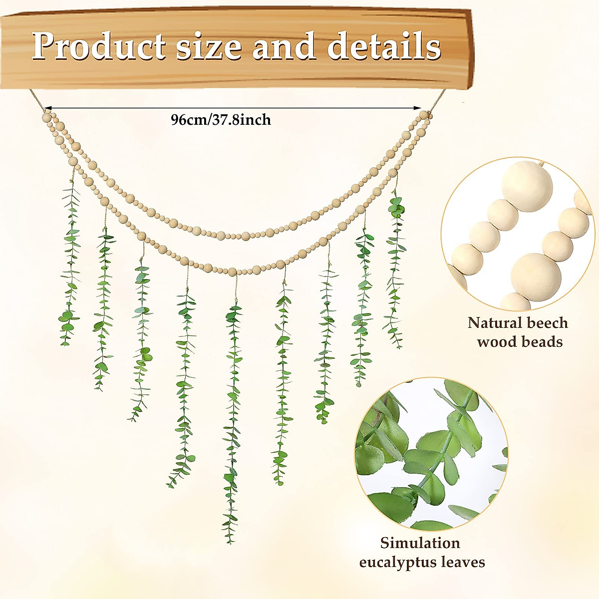 Hanging Eucalyptus Boho Wall Decor Large Boho Bedroom Wall Hanging Wooden Bead Garland Artificial Eucalyptus Natural Greenery Decoration, 36 x 36 Inch