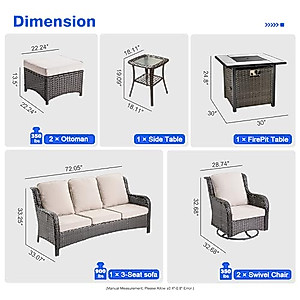 XIZZI Patio Furniture Sets 7 Pieces Outdoor Swivel Rocking Chairs with 50,000 BTU Propane Fire Pit Table All Weather PE Wicker Outside Conversation Sofa Set and Matching Side Table,Brown Wicker Beige