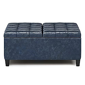 SIMPLIHOME Harrison 36 inch Wide Transitional Square Coffee Table Storage Ottoman in Denim Blue Vegan Faux Leather, Assembled, For the Living Room and Bedroom