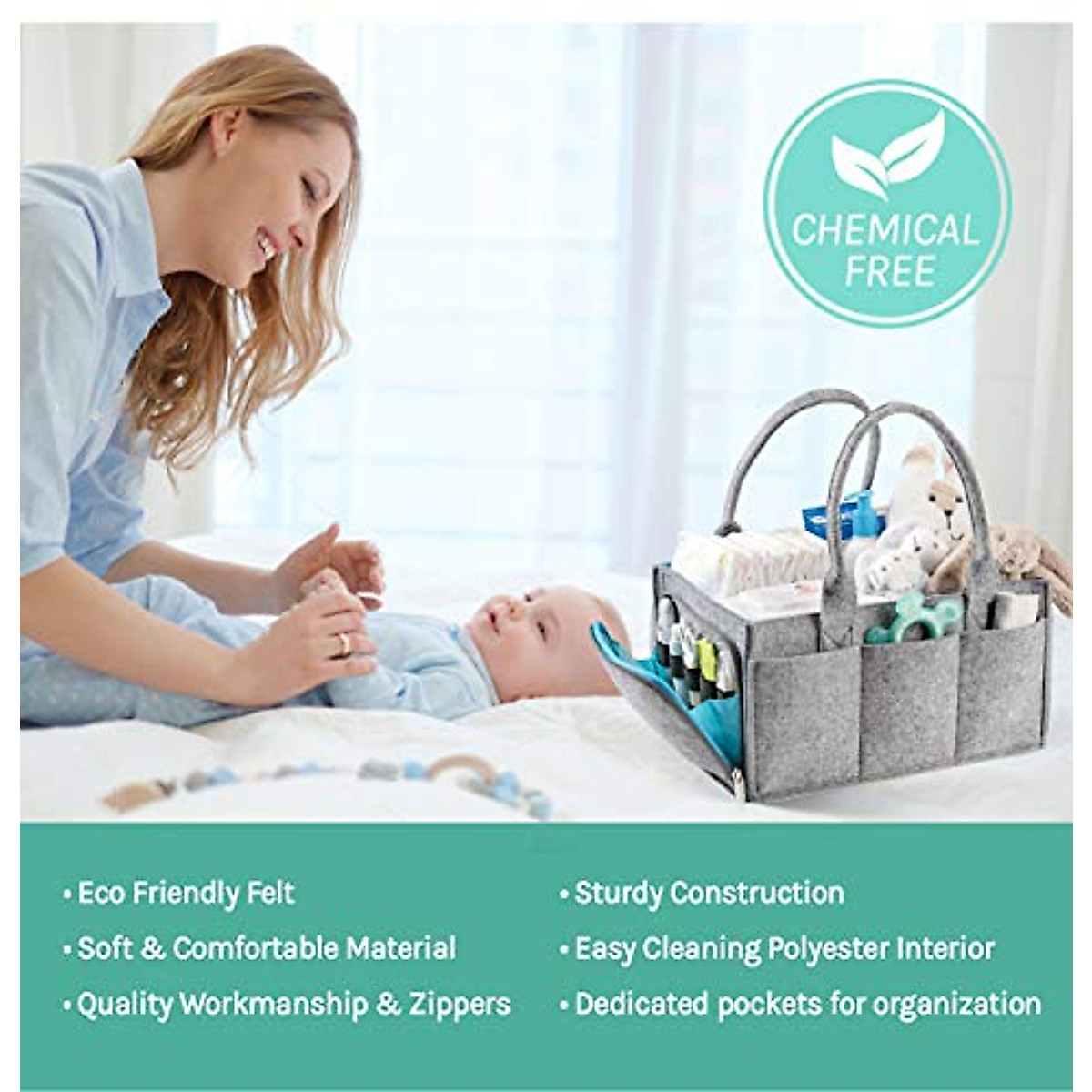Premium Baby Diaper Caddy Organizer | Portable Nursery Storage Bin | Planner Caddy | Portable Craft Storage Organizer | Car Seat Tote with Zipper Pocket & 5mm Heavy Duty Felt (Grey/Turquoise)