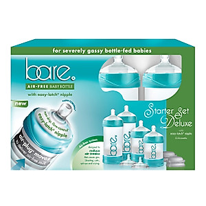 Bare Air-Free Starter Set feeding system with Easy-latch (for baies fed with baby bottles) by Bittylab. Airfree technology cuts down on reflux, colic, gas, fuss & sleep troubles. Easy instructions.