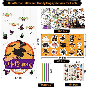 Halloween Candy Bags Treats Bags, 200 PCS Halloween Cellophane Bags for Kids Treat or Trick Party Supplies, 8 Styles Halloween Goodies Bags Gift Bags with Tattoo Stickers for Halloween Party Favors