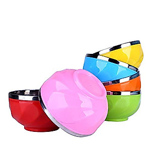 CMJLBM 6 Pack Colorful Stainless Steel Bowls,4.92 Inch Double Walled 15 oz Heat Insulation Anti-fall Anti-scalding Kids Rice,Soup,Noodles,Salad Bowl (15 oz) Silver