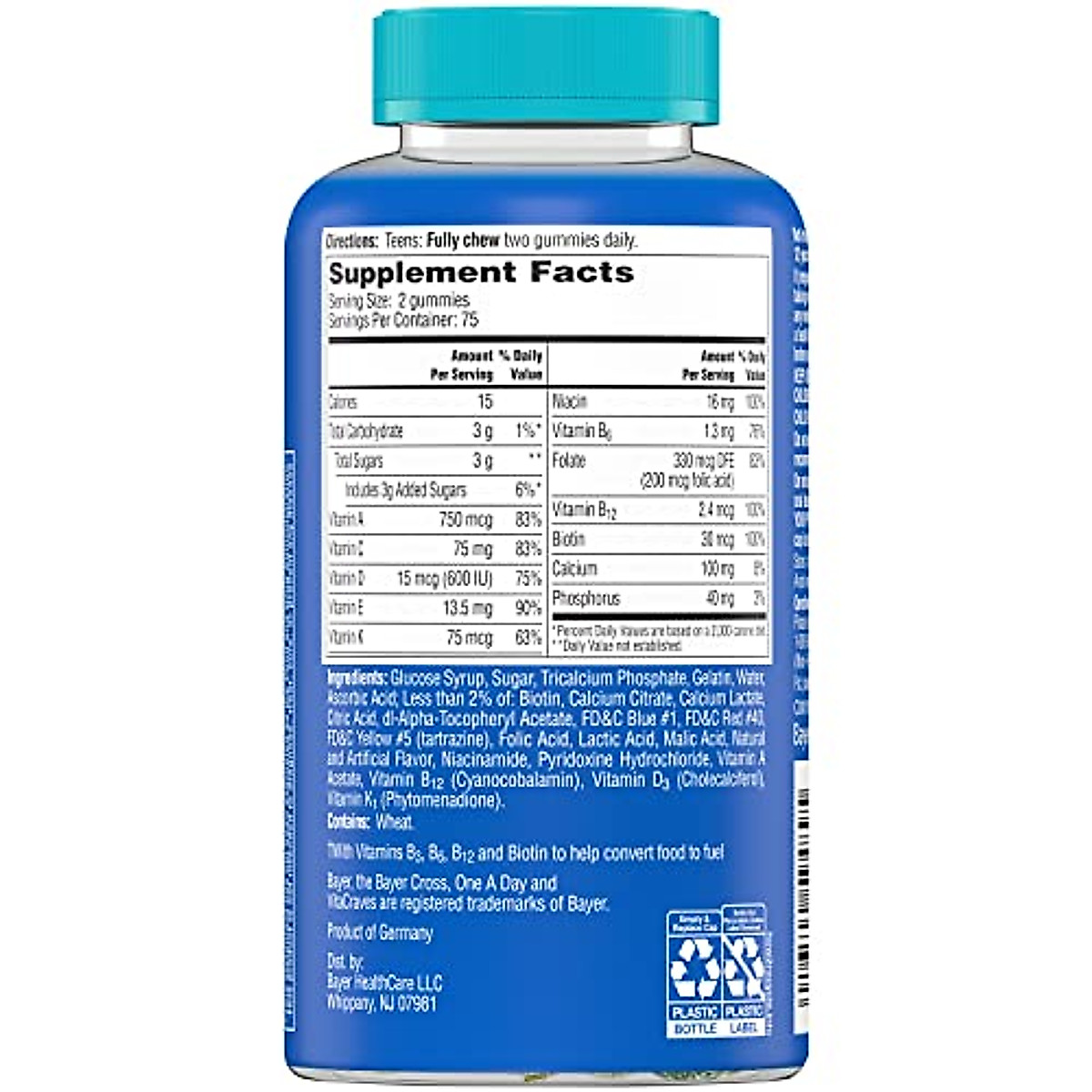 ONE A DAY Teen for Him Multivitamin Gummies Supplement with Vitamins A, C, E, B3, B6, B12, Calcium, and Vitamin D, 150 Count