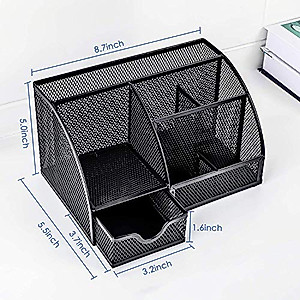 Mesh Desk Organizer, Refand Desktop Office Supplies Multi-Functional Caddy Pen Holder Stationery with 6 Compartments and 1 Drawer for Office, Home, School, Classroom