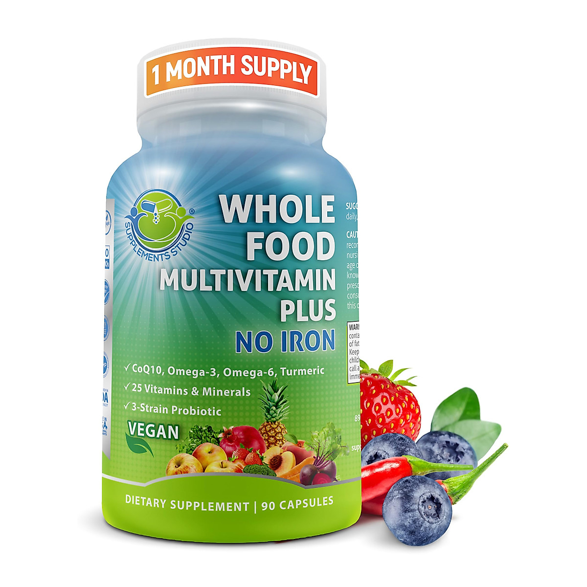 Vegan Whole Food Multivitamin without Iron, Daily Multivitamin for Women and Men, Made with Fruits & Vegetables, B-Complex, Probiotics, Enzymes, CoQ10, Omegas, Turmeric, Non-GMO, 90 Count