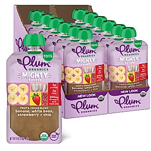 Plum Organics Mighty Builder Organic Toddler Food - Banana, White Bean, Strawberry, and Chia - 4 oz Pouch (Pack of 12) - Organic Fruit and Vegetable Toddler Food Pouch