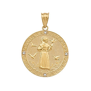 14k Gold Saint Francis Of Assisi Diamond Round Medal Charm Pendant (Medium)