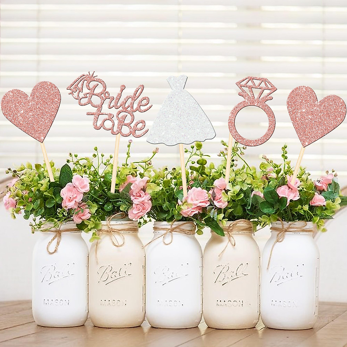 12 PCS Bride to Be Centerpiece Sticks Double Sided Glitter Heart Ring Dress Bridal Shower Table Flower Centerpieces for Wedding Engagement Bachelorette Party Flower Decorations Supplies Rose Gold