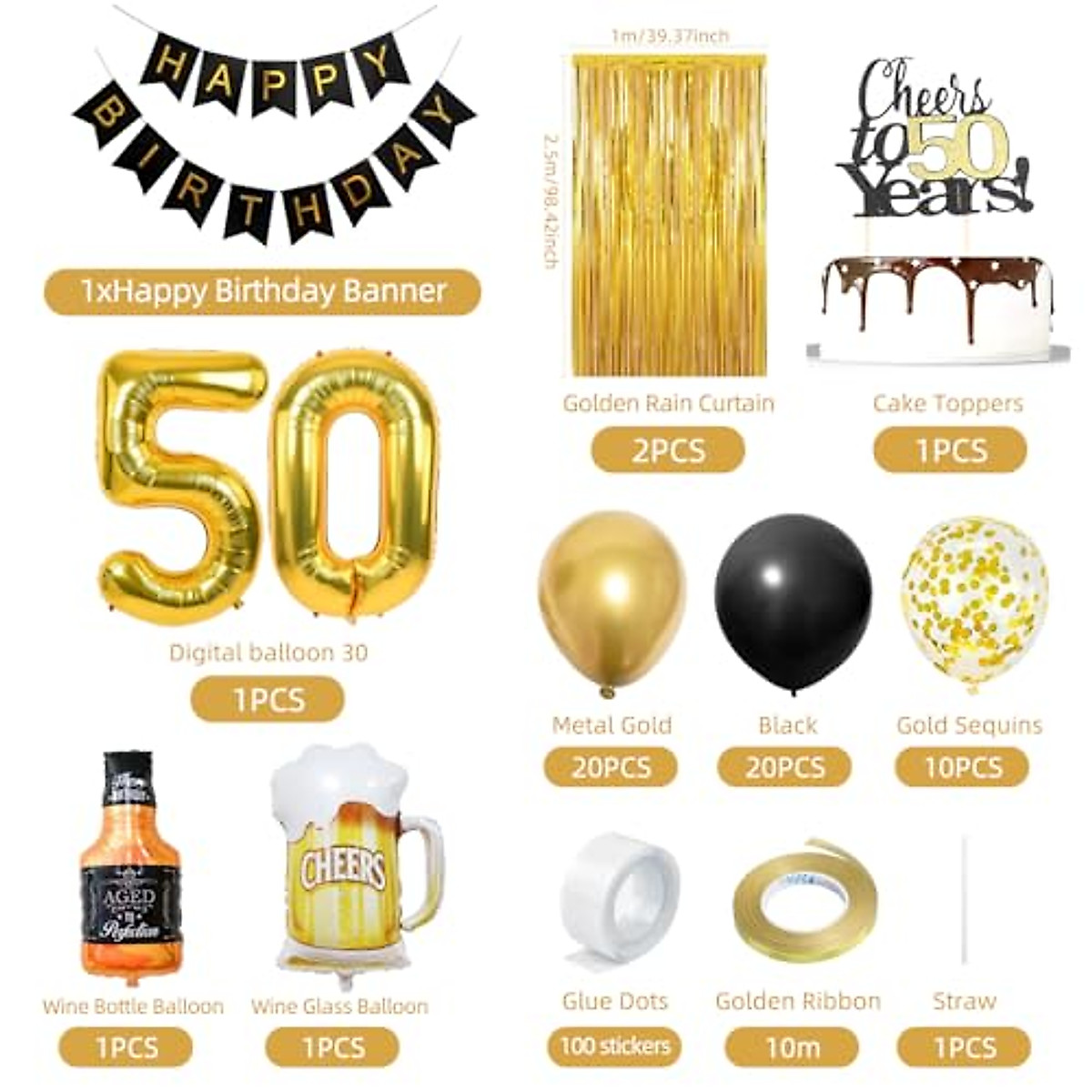 50th Birthday Decorations Men, Black and Gold 50th Birthday Balloons, Banner and Birthday Cake Topper, Happy 50 Birthday Decorations for Men