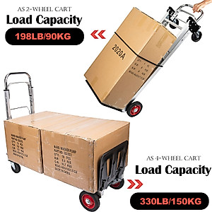 Folding Hand Truck Dolly Heavy Duty Aluminum Hand Truck with Wheels Collapsible 2 in 1 Convertible Hand Truck - 330 lbs Load Capacity, Multi-Position Hand Truck Dolly Cart with Telescoping Handle