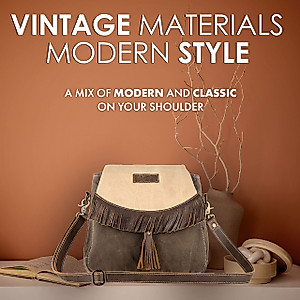 SIXTEASE Crossbody Bag for Women Vintage Style Genuine Leather, Upcycled Canvas, Rug, or Hair On - Cross Body Womens Bags with Inside Zipper Pockets - Larissa