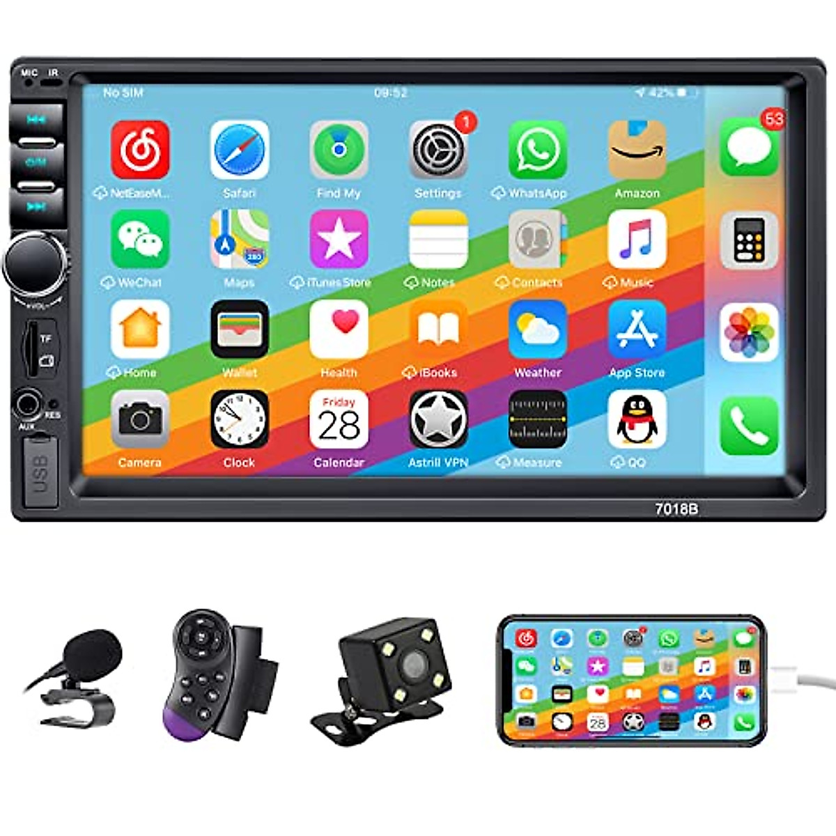 Double Din Car Stereo with Backup Camera, 7 Inch Touchscreen Car Radio Bluetooth Support Mirror Link, Hands Free Call/FM/TF/USB/EQ/Aux, Multimedia Car Audio with Steering Wheel Remote/Fast Charging